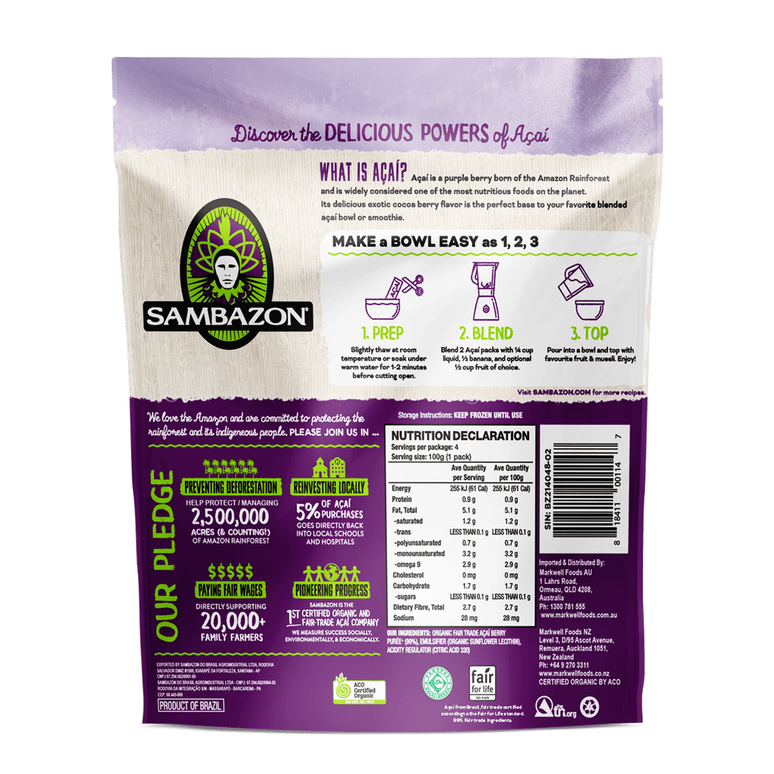 Unsweetened Acai - Frozen Puree Packets for Bowls & Smoothies | SAMBAZON